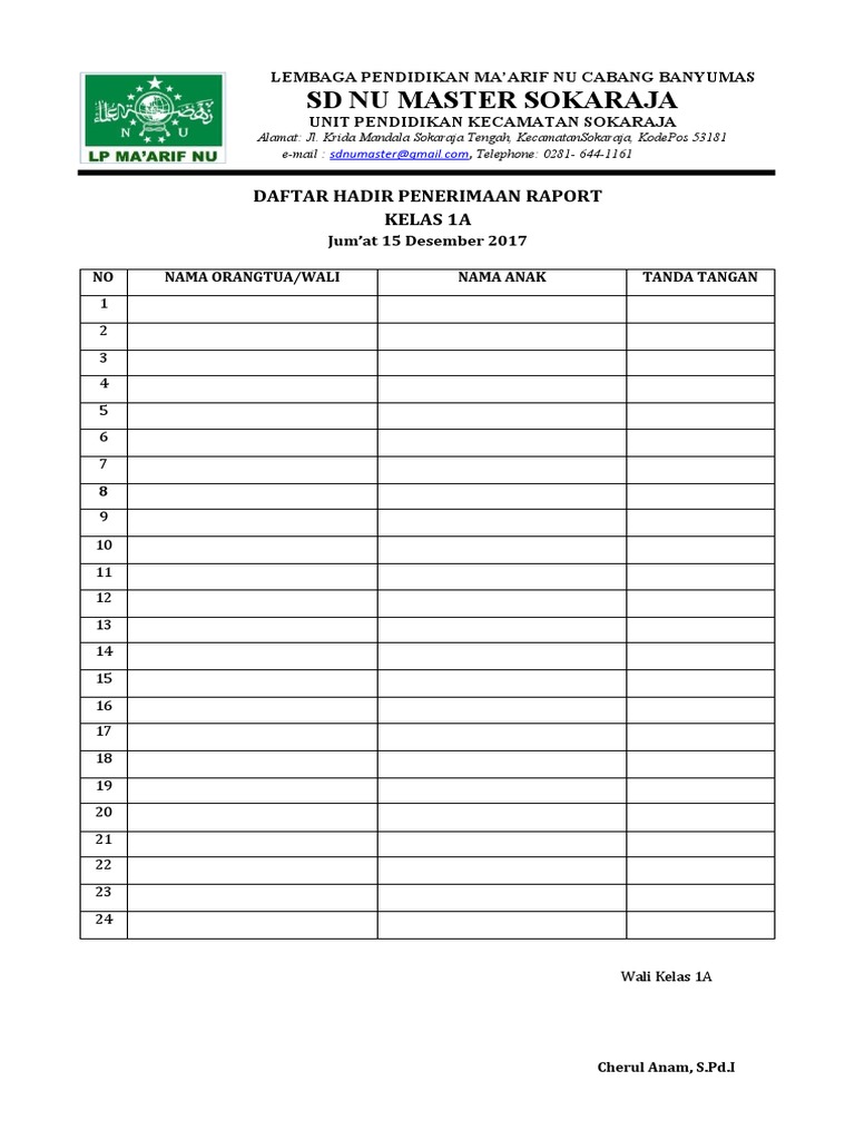 Daftar Hadir Penerimaan Raport | PDF