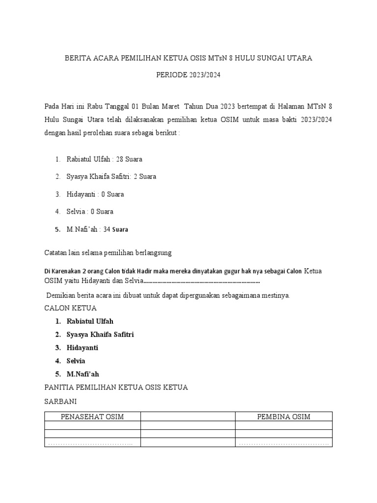 BERITA ACARA PEMILIHAN KETUA DAN WAKIL KETUA OSIS | PDF BERITA ACARA PEMILIHAN KETUA DAN WAKIL KETUA OSIS | PDF