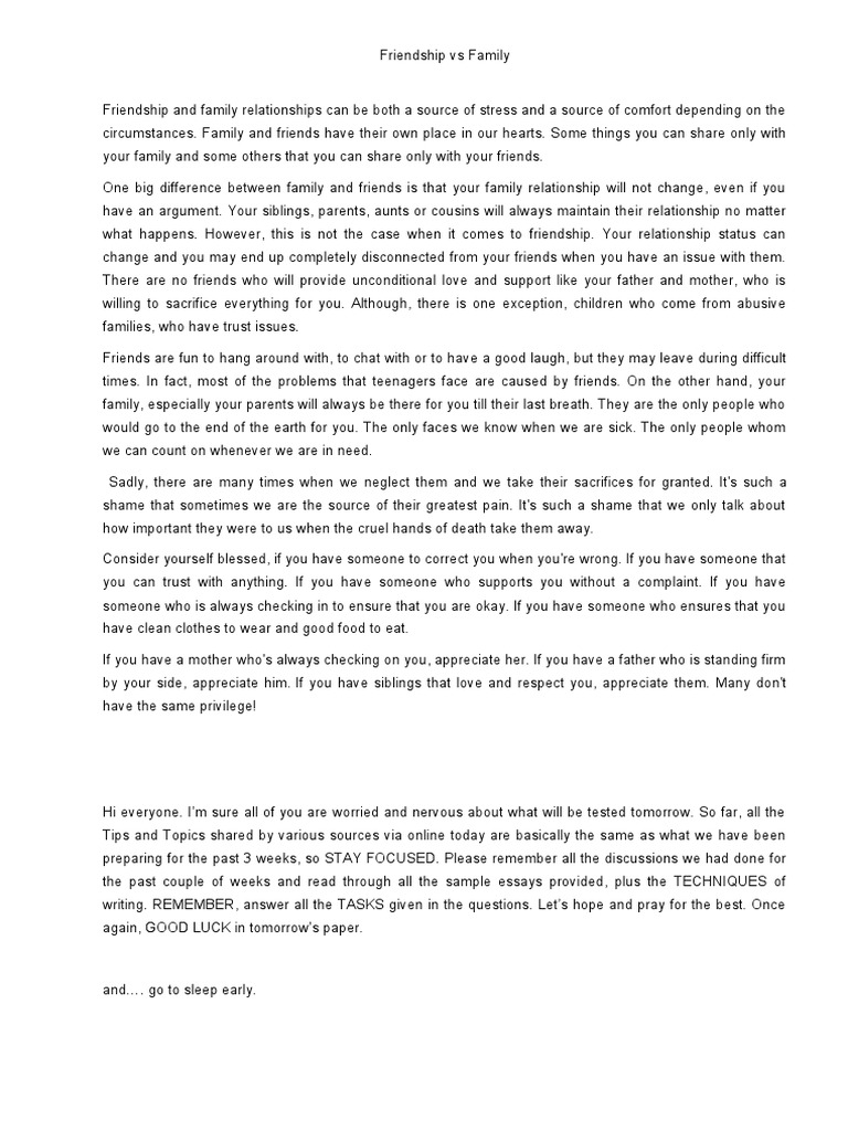 Friendship Vs Family | PDF | Family | Friendship