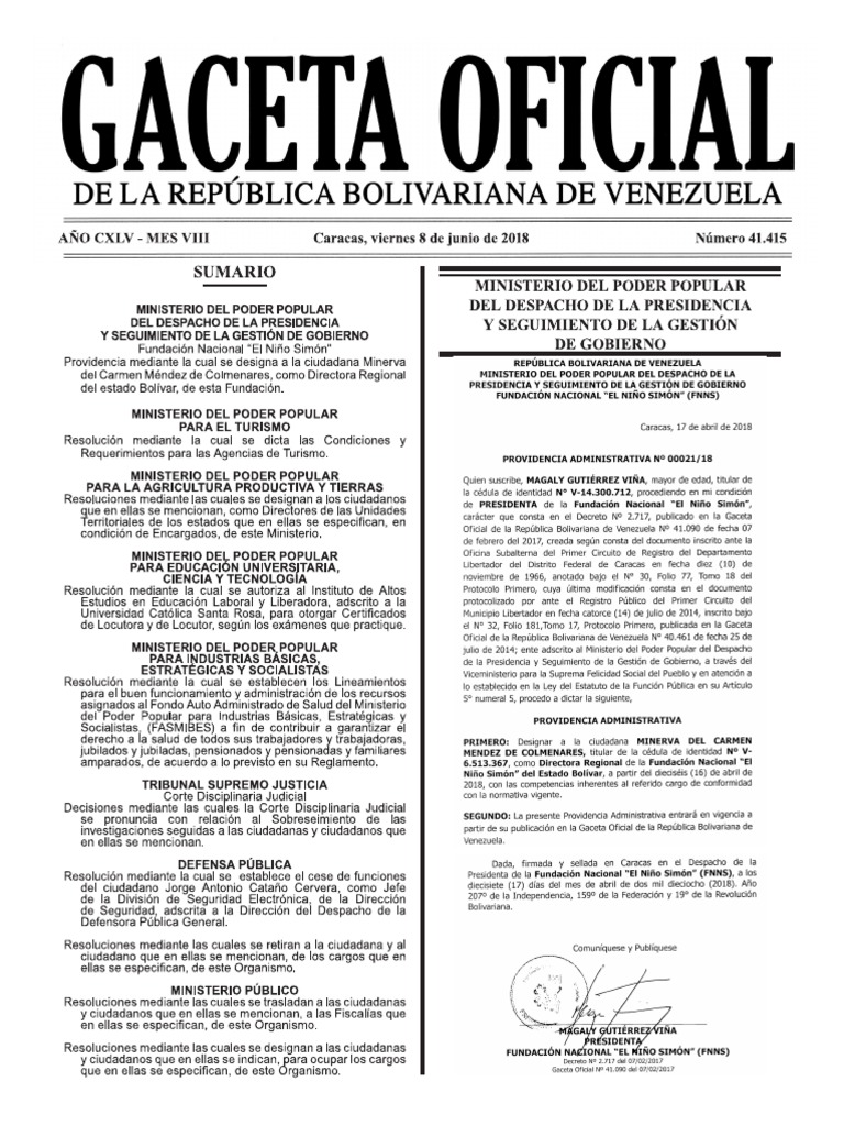 Gaceta - Oficial - 08 - 06 - 18 - Num - 41415 (UCSAR LOCUCIÓN) | PDF