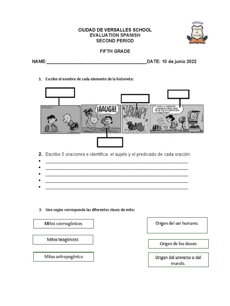 Evaluation Spanish Second Period Fifth Grade NAME: - DATE: 10 de Junio ...