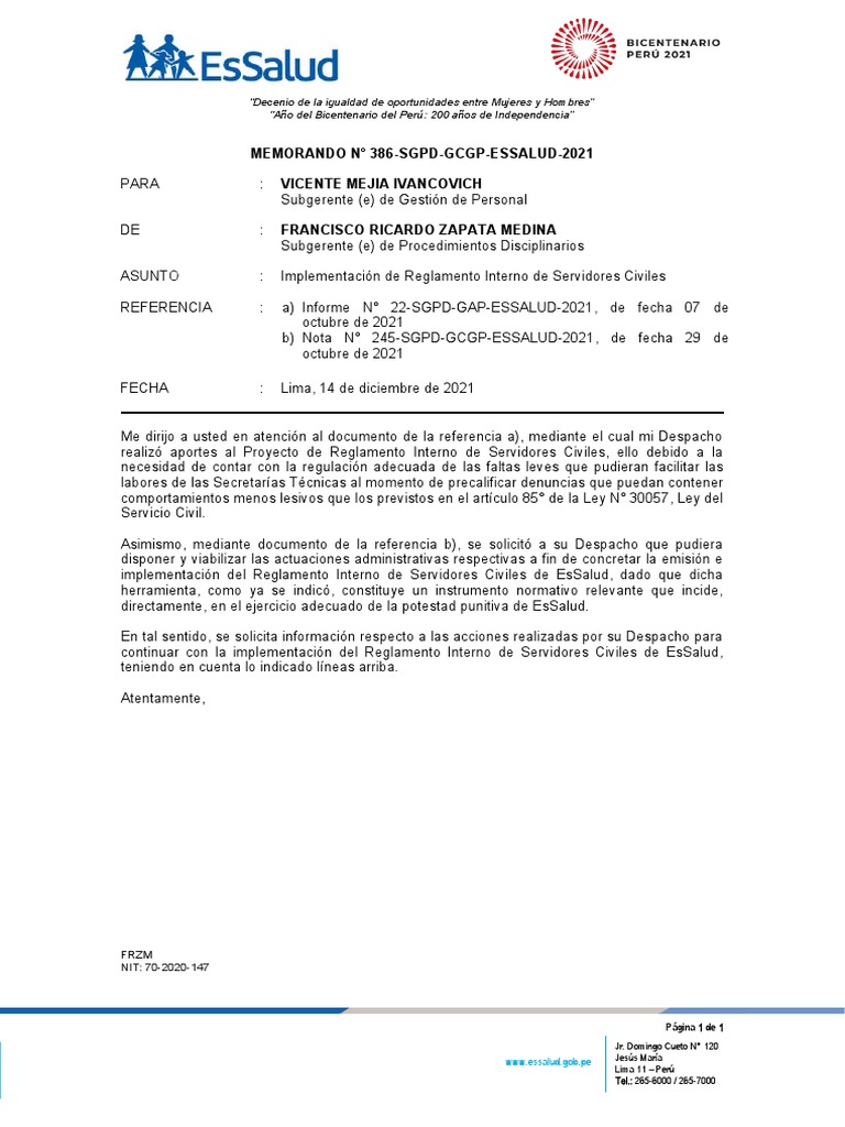 Memorando #386-Sgpd-Gcgp-Essalud-2021 | PDF | Regulación | Gobierno