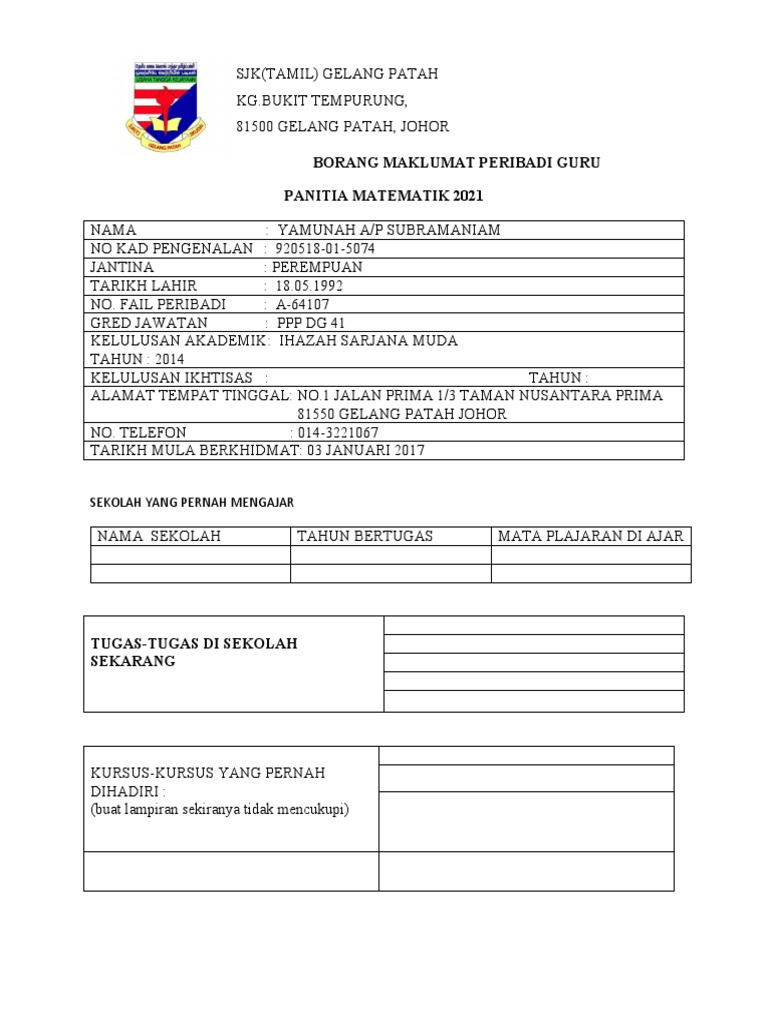 Borang Maklumat Peribadi Guru Panitia Matematik 2021: Sekolah Yang ...