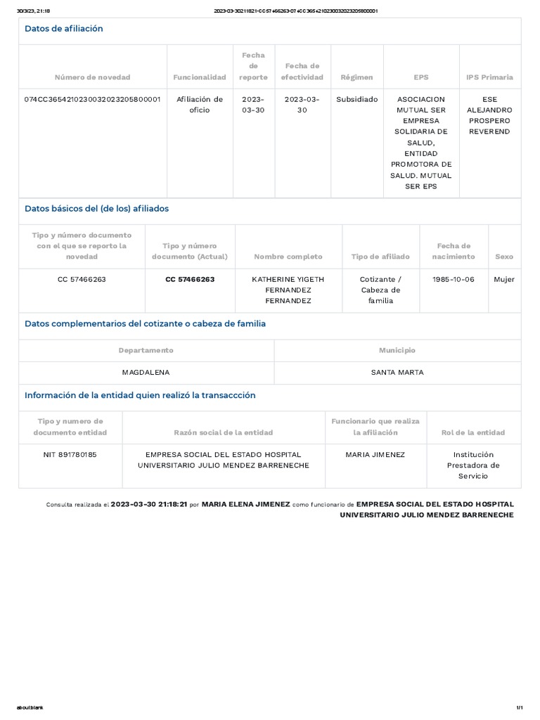 Afiliación EPS de Katherine Fernández | PDF