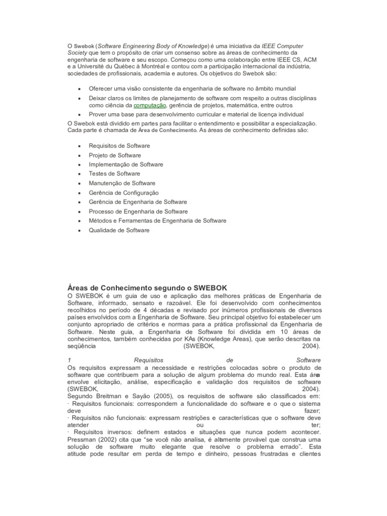 O Swebok | PDF | Gestão de projetos | Engenharia de Software