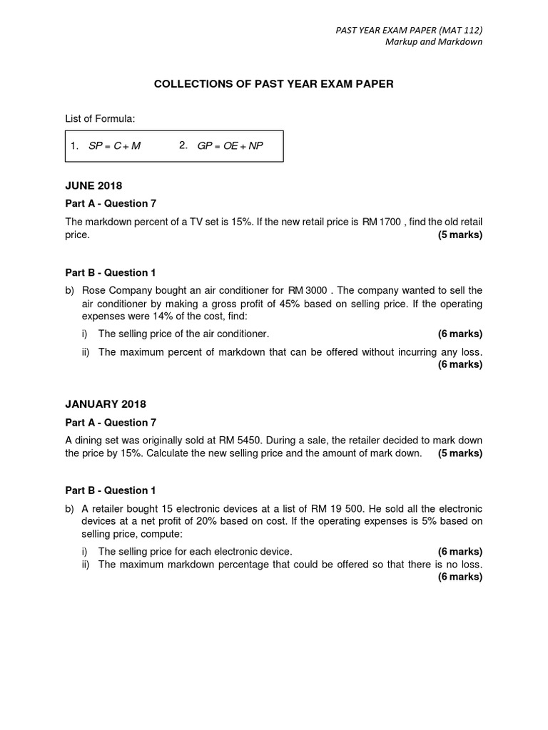 MAT 112 Past Year Exam Paper | PDF | Prices | Cost