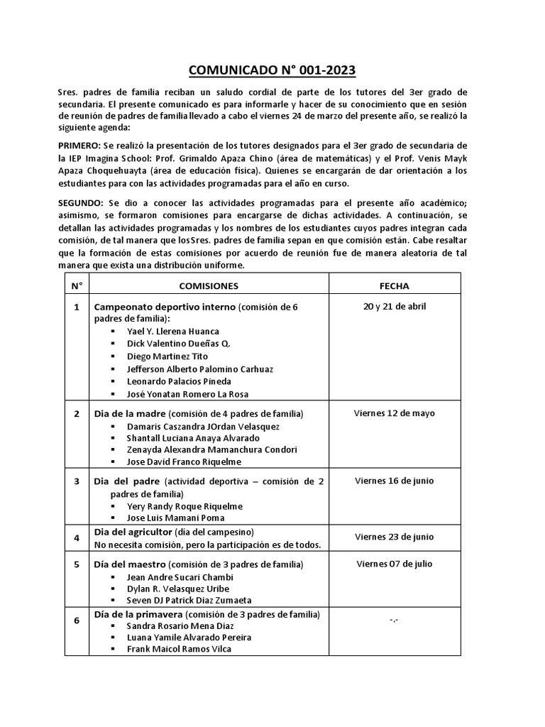 COMUNICADO #001-2023: PRIMERO: Se Realizó La Presentación de Los Tutores Designados para El 3er ...