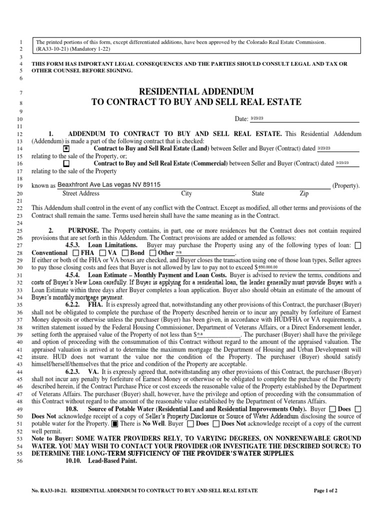 Residential Addendum To Contract To Buy and Sell Real Estate | PDF ...