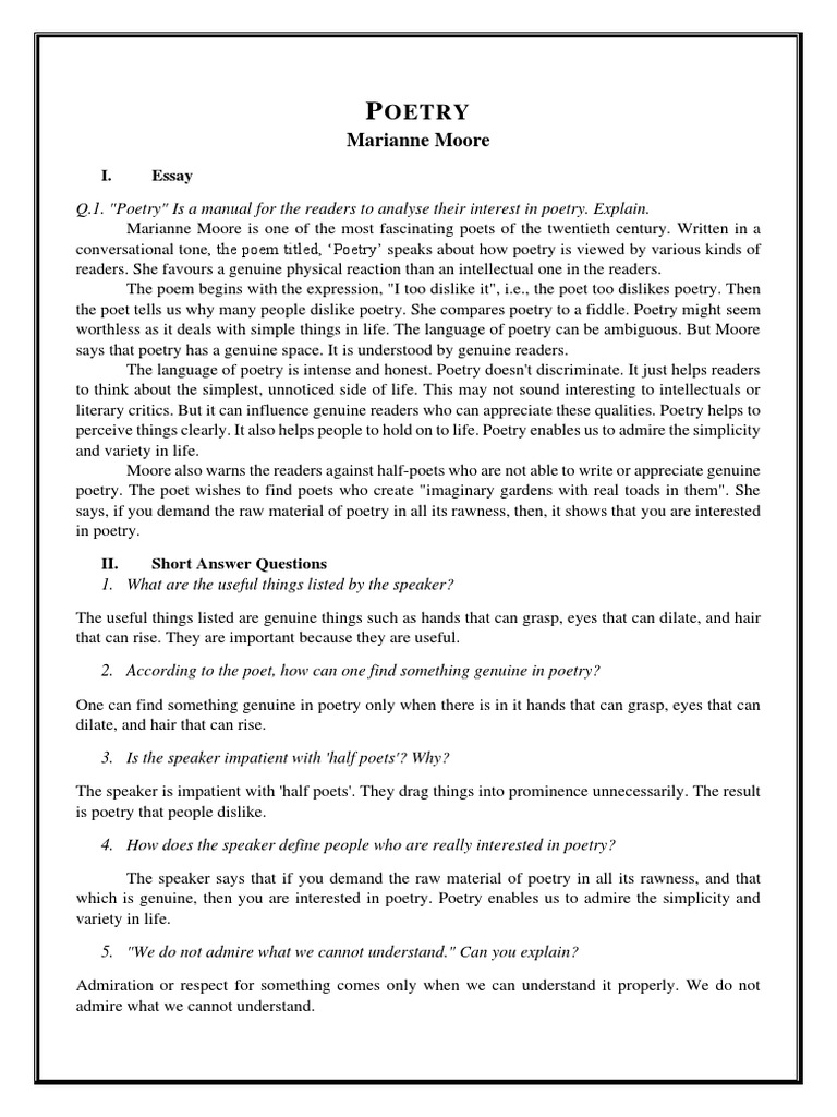 Poetry Marianne Moore NOTES | PDF | Poetry