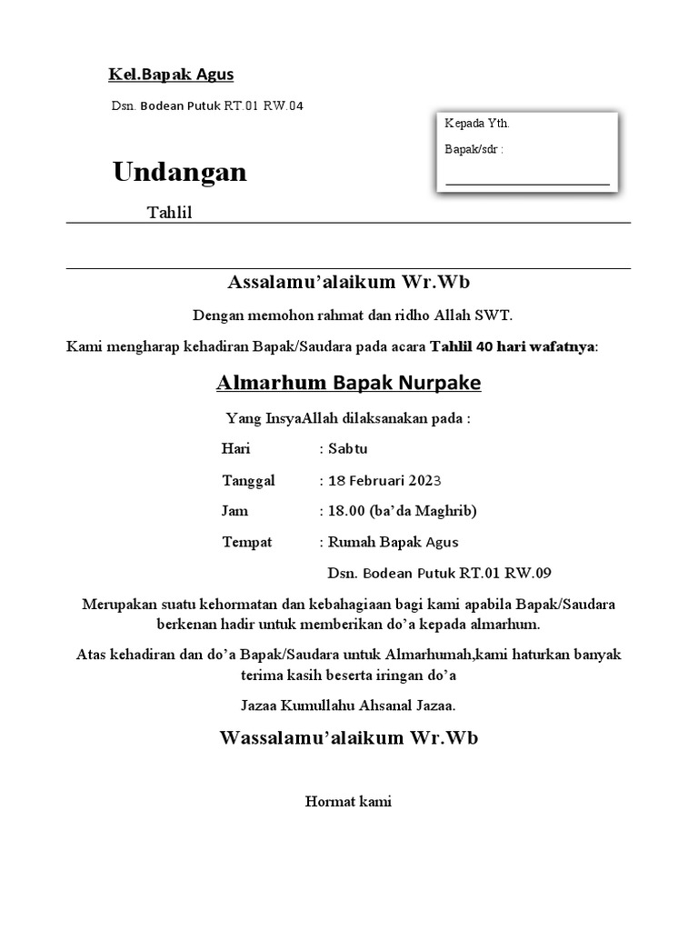 Undangan Tahlil 40 Hari Almarhum Bapak Nurpake | PDF