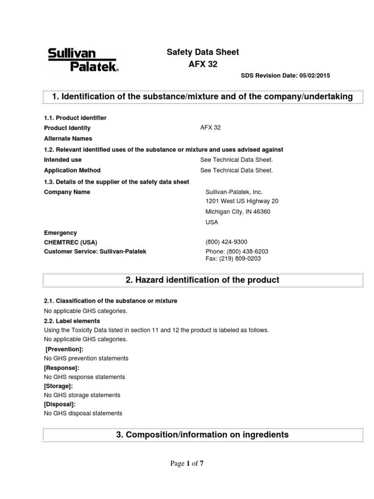 Sullivan-Palatek AFX32 SDSv2 | PDF | Toxicity | Safety