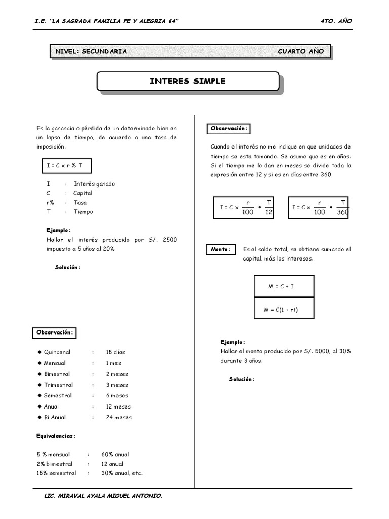 Interes Simple: Nivel: Secundaria Cuarto Año | PDF | Finanzas personales | Dinero