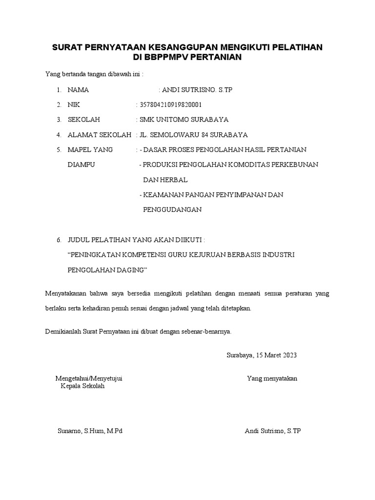 Surat Pernyataan Kesanggupan Mengikuti Pelatihan | PDF