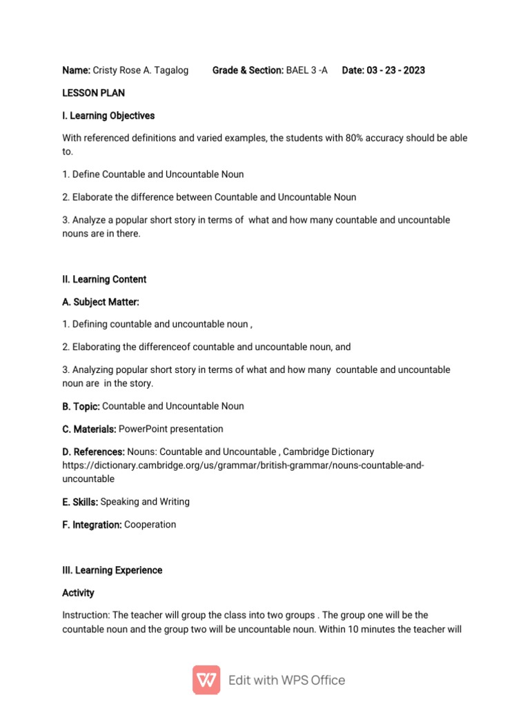 Countable and Uncountable Nouns Lesson Plan | PDF | Noun | Cakes