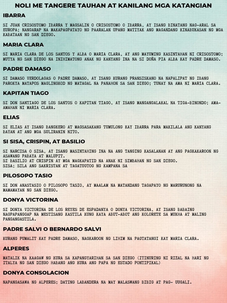 Noli Me Tangere Tauhan at Kanilang Mga Katangian | PDF