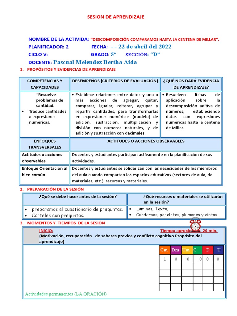 Sesion de Aprendizaje Centena de Millar | Descargar gratis PDF | Aprendizaje | Matemáticas
