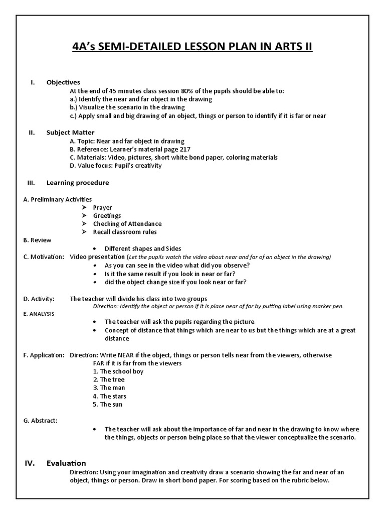 4A'S Semi-Detailed Lesson Plan in Arts Ii: I. Objectives | Download ...