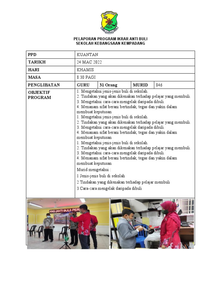 Laporan Program Anti Buli SK Kempadang 2022 | PDF