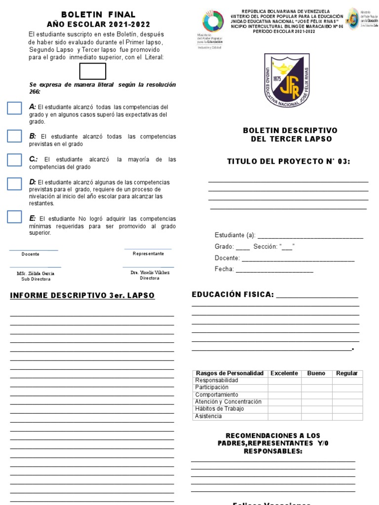 Formato BOLETIN TERCER LAPSO | PDF