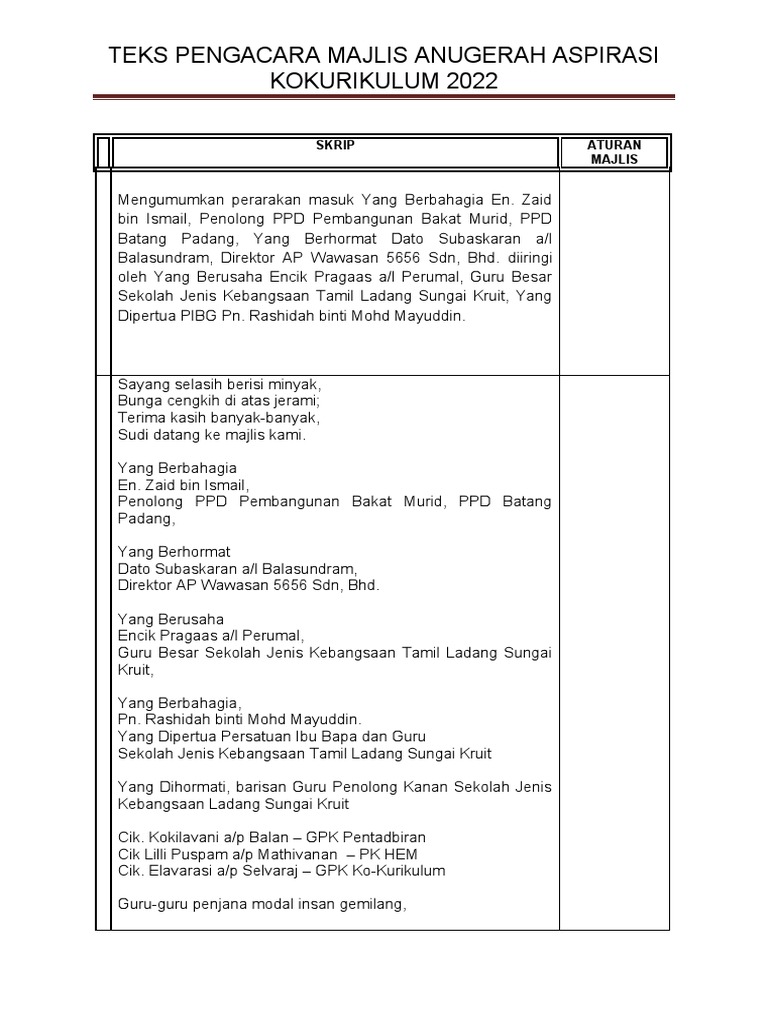 Teks Pengacara Majlis Anugerah Aspirasi Kokurikulum 2022 | PDF