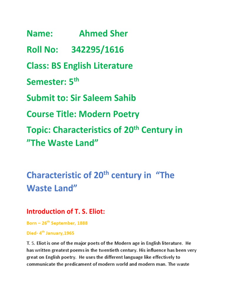 Assignment of The Waste Land | PDF