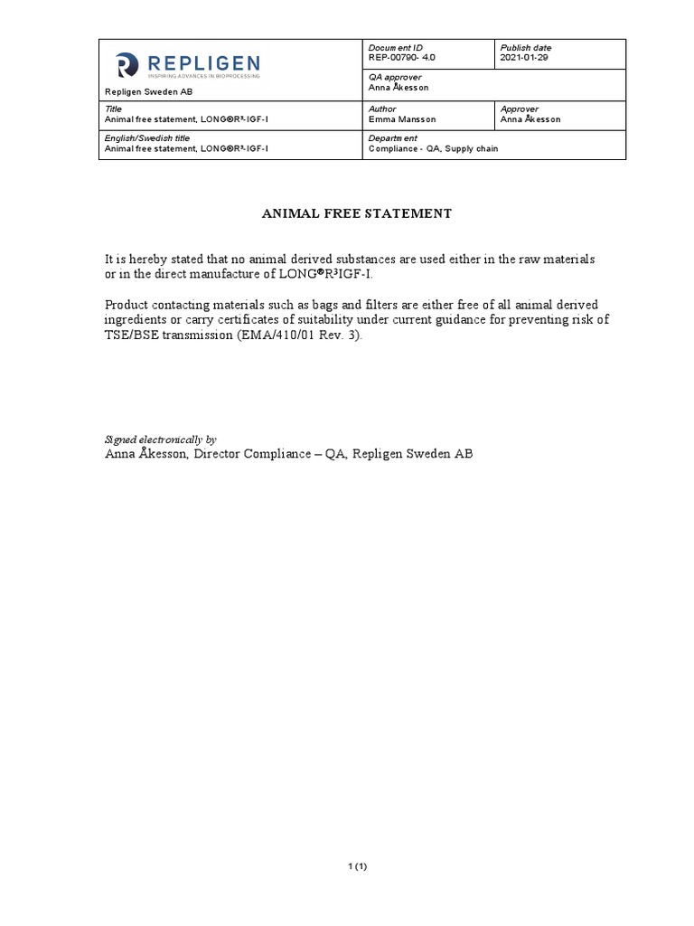 Animal Free Statement: Document ID Publish Date | PDF