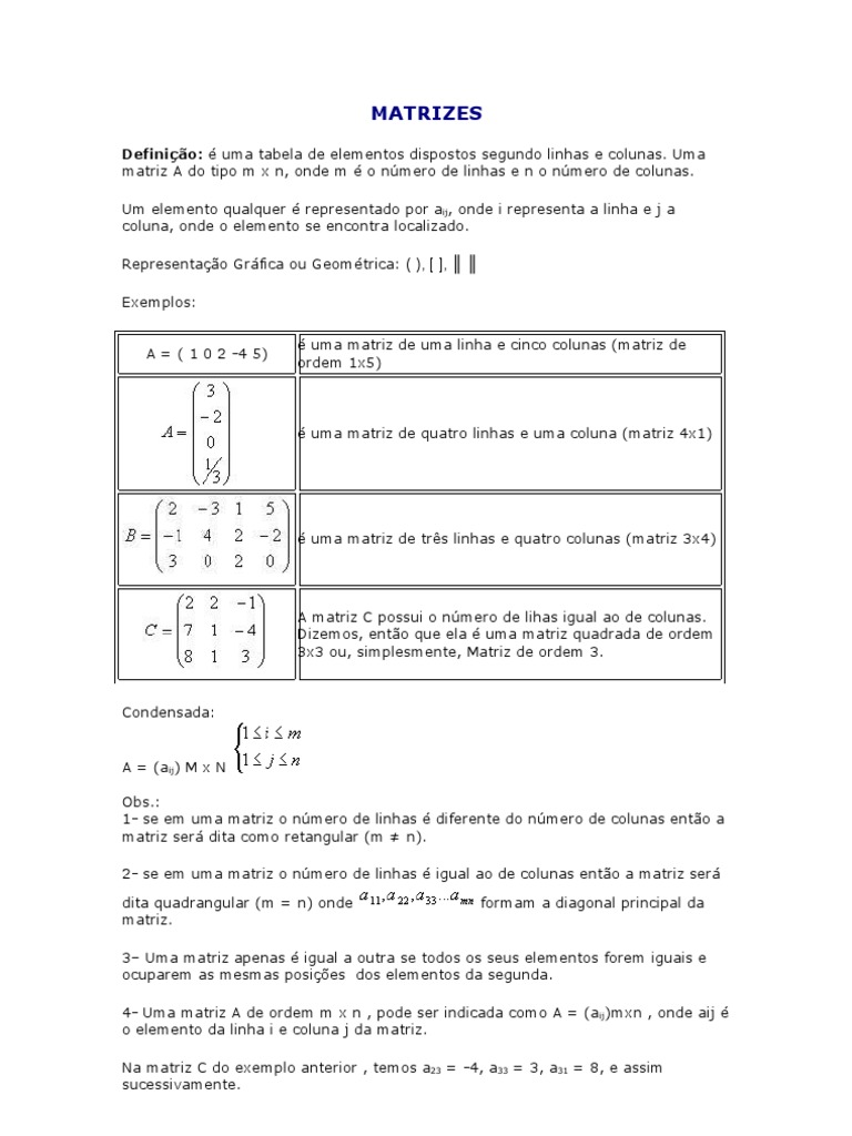 MATRIZES | Matriz (Matemática) | Relações Matemáticas
