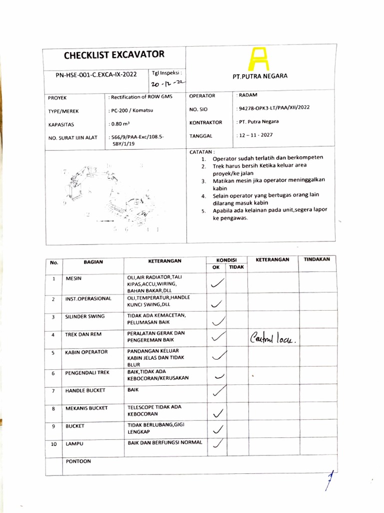 20-12-22 Checklist Excavator | PDF