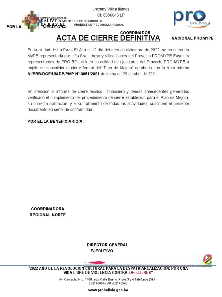 Acta de Cierre Definitivo | PDF
