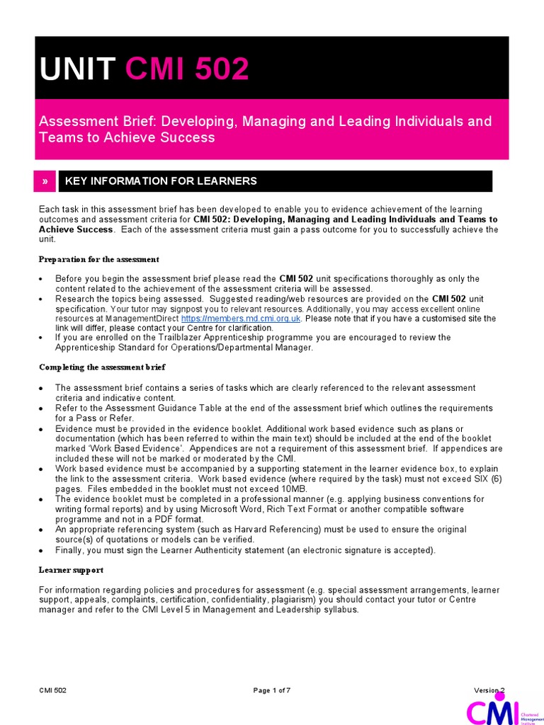 L5 Mod 2 - CMI Unit 502 Assessment Brief | PDF | Mentorship | Learning