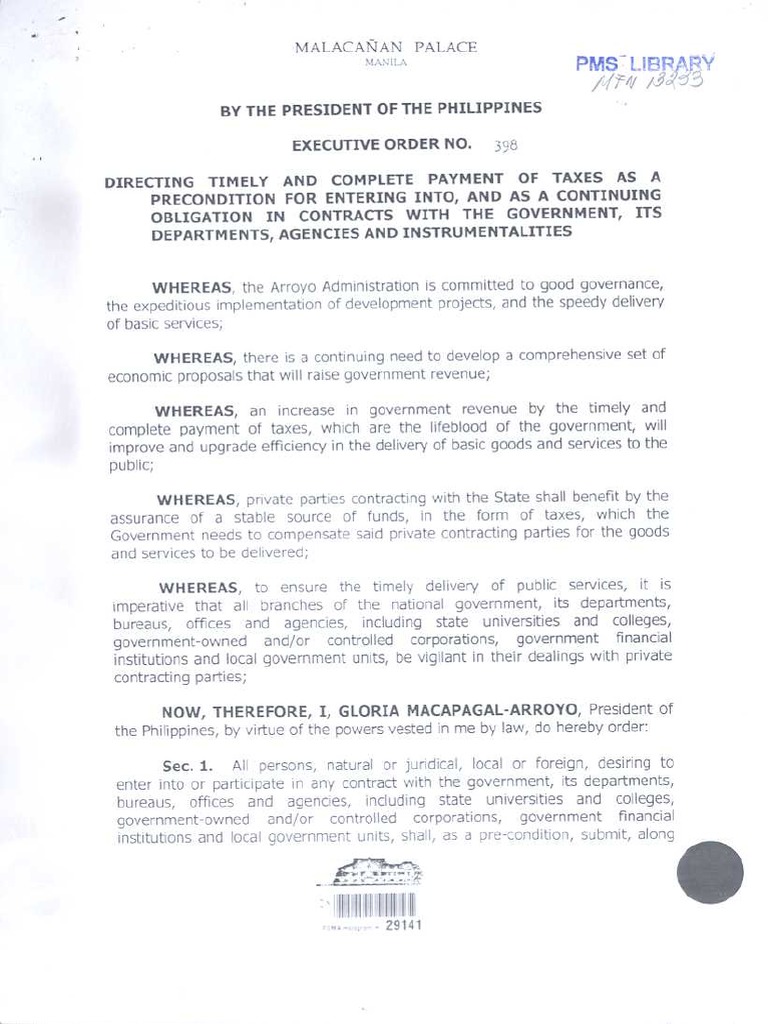 EO 398 Payment of Taxes and Submission of Tax Clearance | PDF