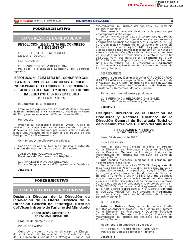 Congreso de La República: Normas Legales | Descargar gratis PDF | Turismo | Gobierno