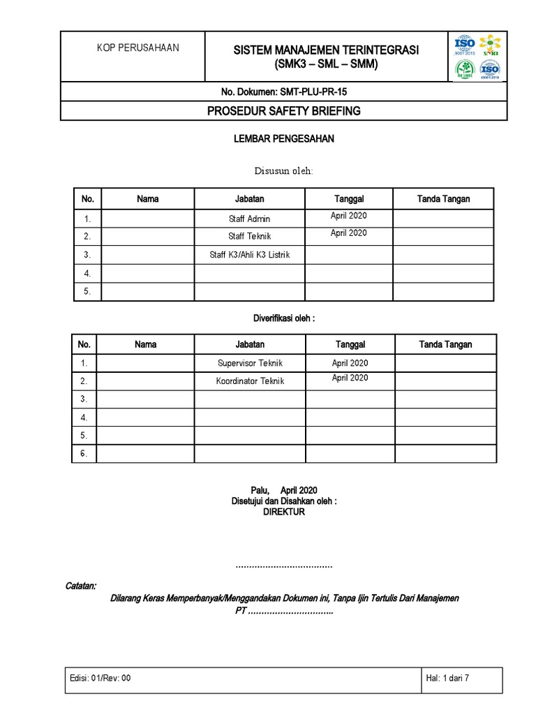 Prosedur 15 Safety Briefing | PDF