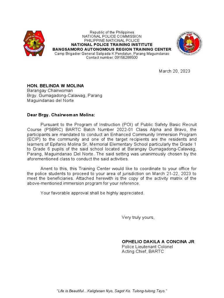 Hon. Belinda W Molina: National Police Training Institute Bangsamoro ...