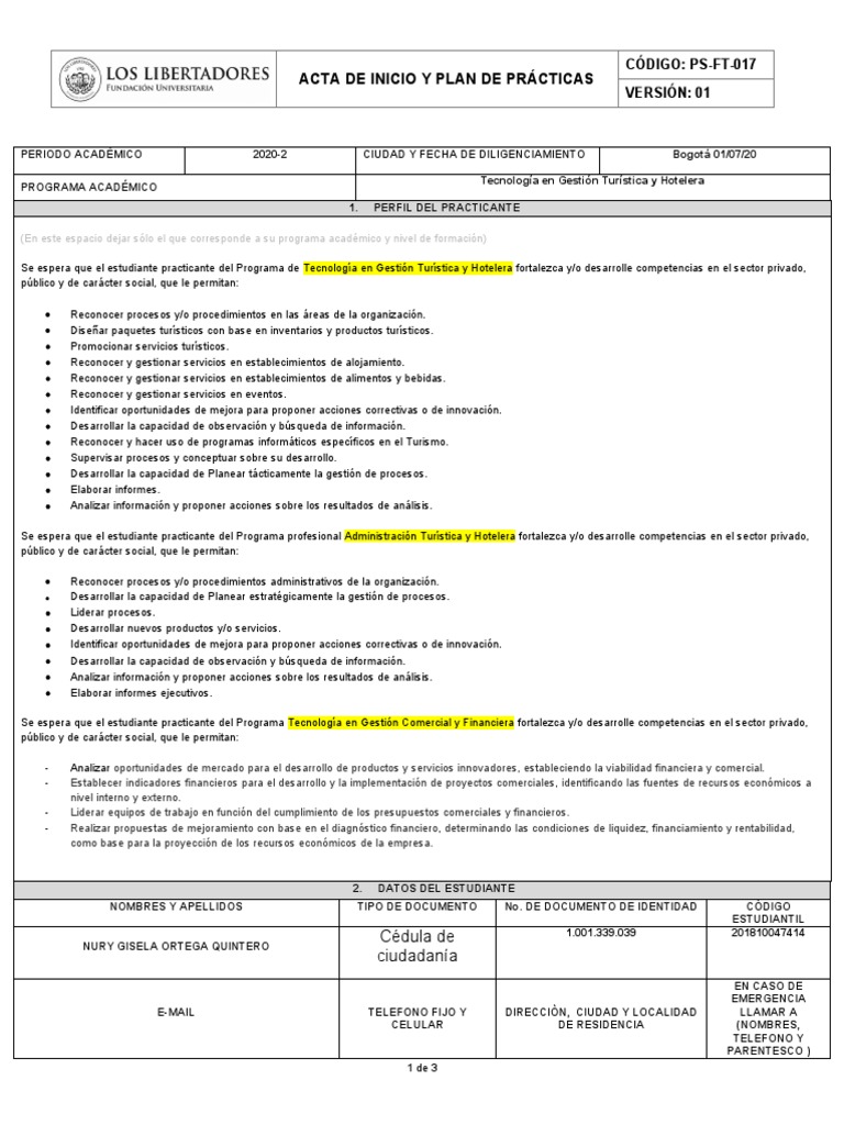 PS-FT-017 ACTA DE INICIO Y PLAN DE PRÁCTICAS 2020 - Aula | PDF | Turismo