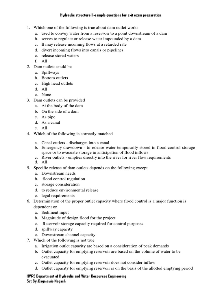 Hydraulic Structure II-sample Questions For Exit Exam Preparation | PDF