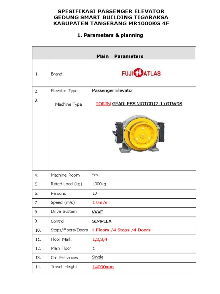 Spesifikasi Passenger Elevator Gedung Smart Building Tigaraksa ...