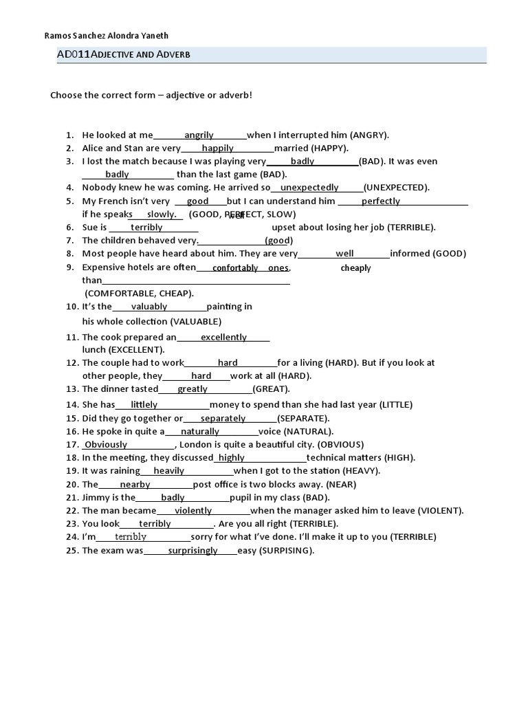 Adjective vs. Adverb Practice | PDF | Language Arts & Discipline