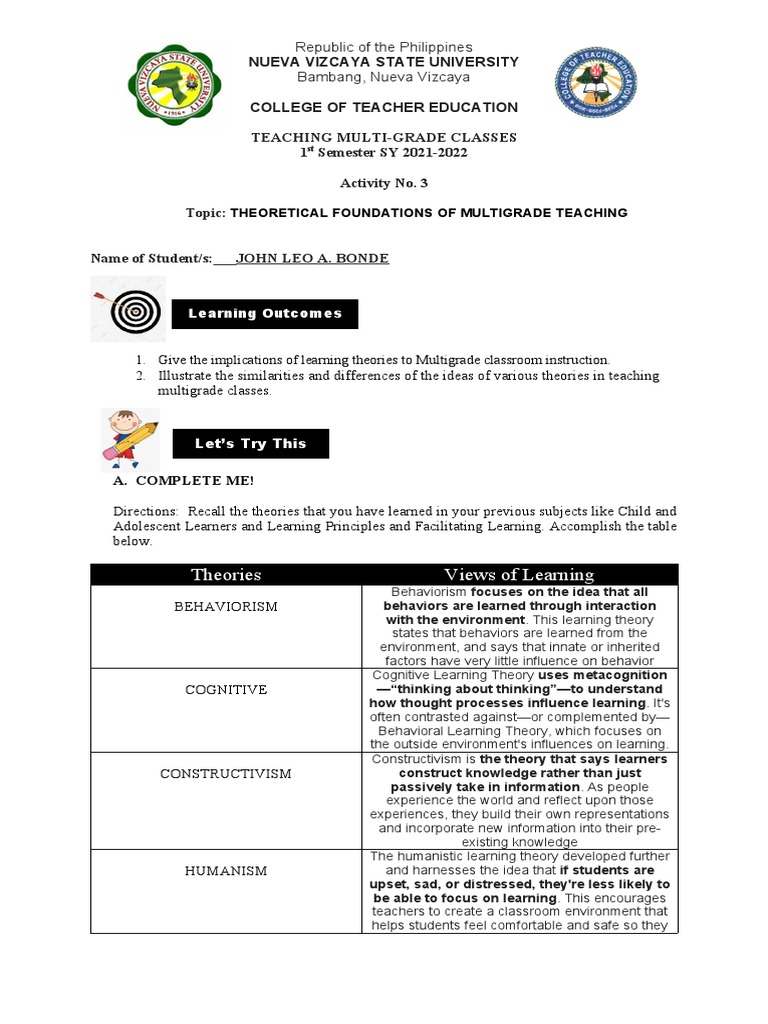 Activity 3 THEORETICAL FOUNDATIONS OF MULTIGRADE TEACHING | PDF | Learning Theory (Education ...