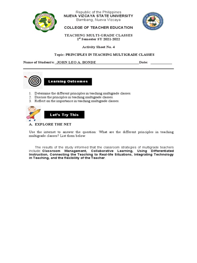 Activity 4 Principles in Teaching Multigrade Classes | PDF | Teachers ...