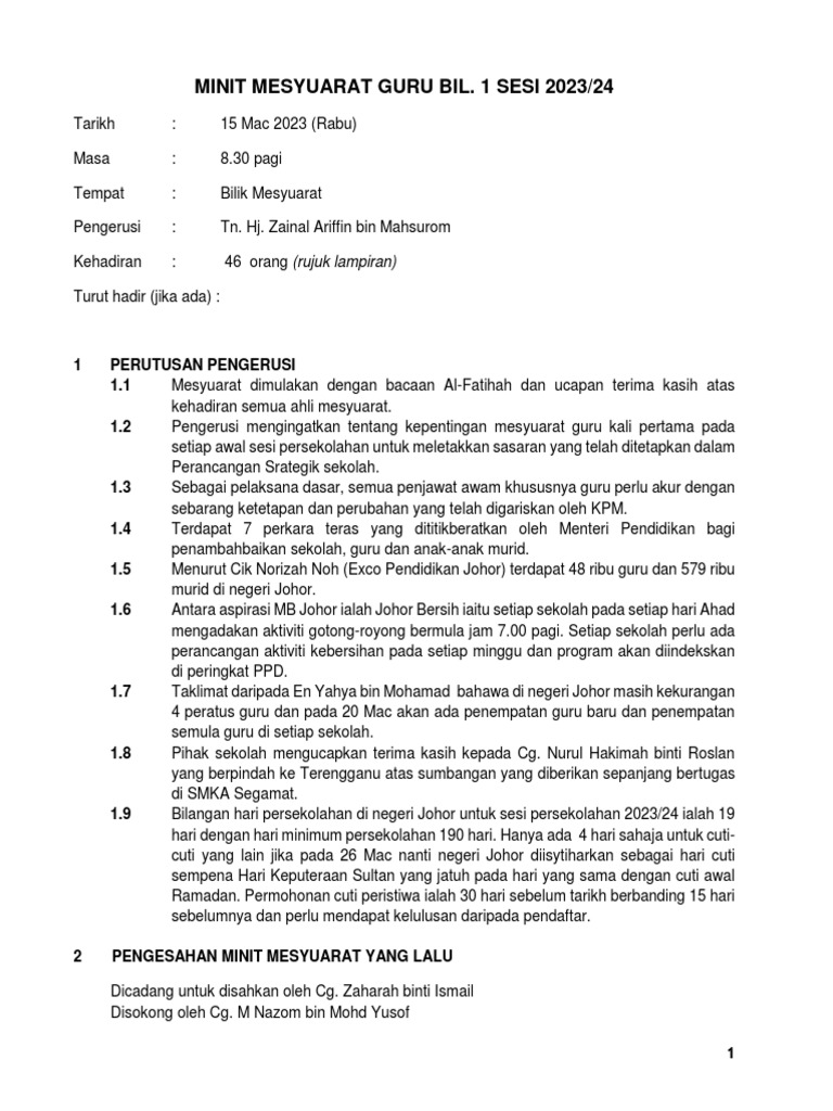 MINIT MESYUARAT GURU Bil 1 | PDF