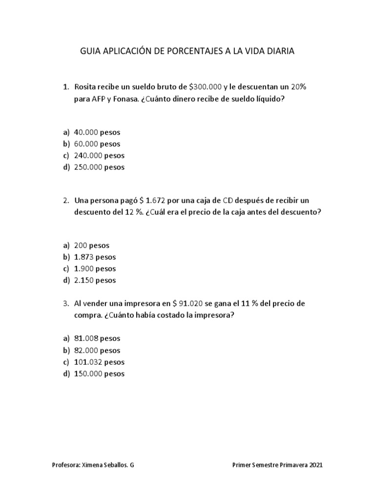 Guia Aplicación de Porcentajes A La Vida Diaria | PDF