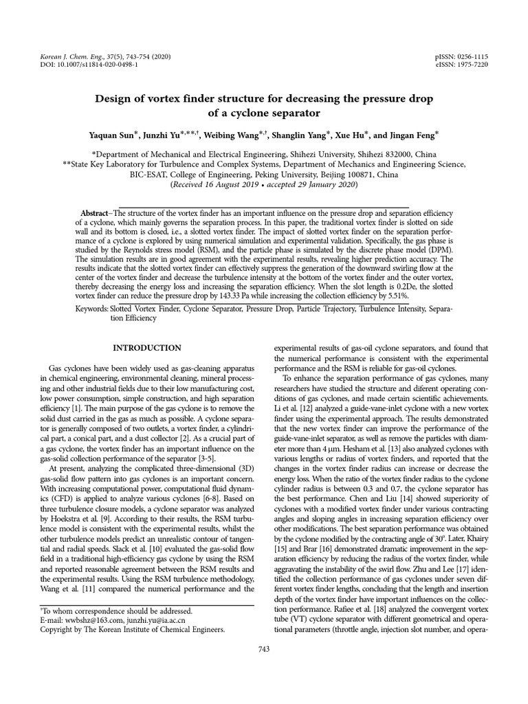 Design of Vortex Finder Structure For Decreasing The Pressure Drop of A Cyclone Separator | PDF ...