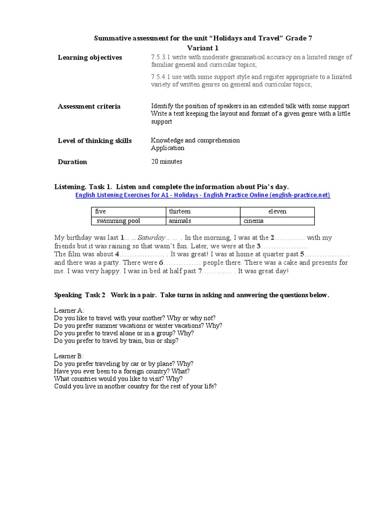 Summative Assessment For The Unit "Holidays and Travel" Grade 7 Variant ...