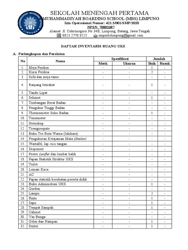 Daftar Inventaris Ruang UKS | PDF