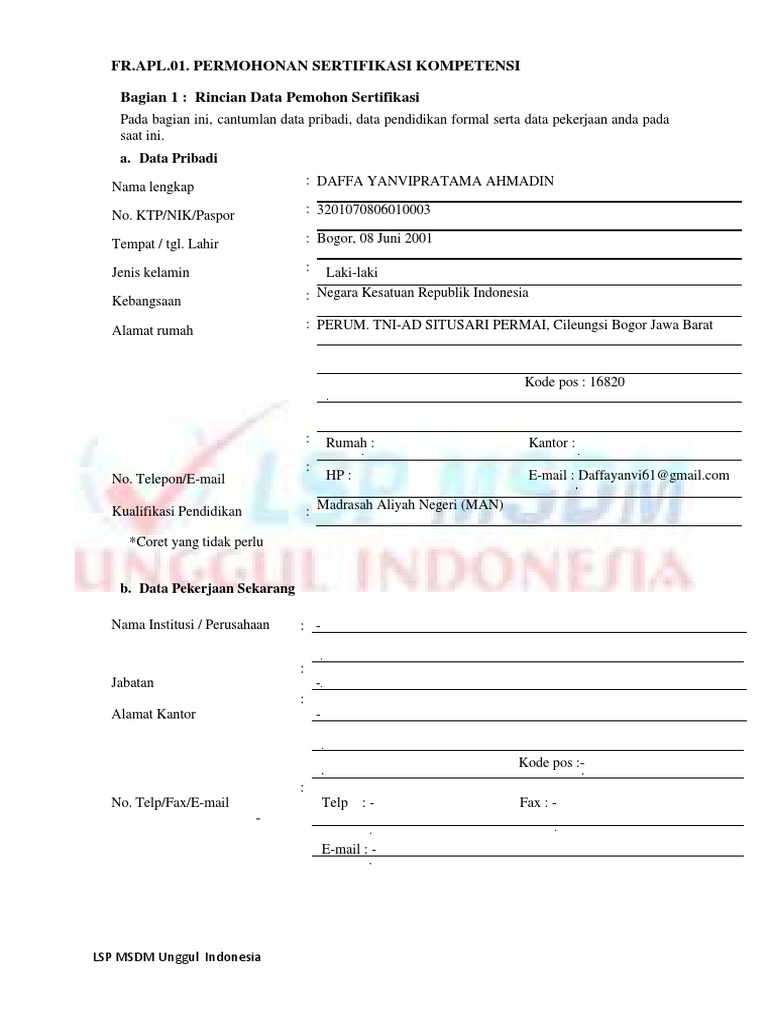 FR - Apl.01. Permohonan Sertifikasi Kompetensi Bagian 1: Rincian Data Pemohon Sertifikasi | PDF