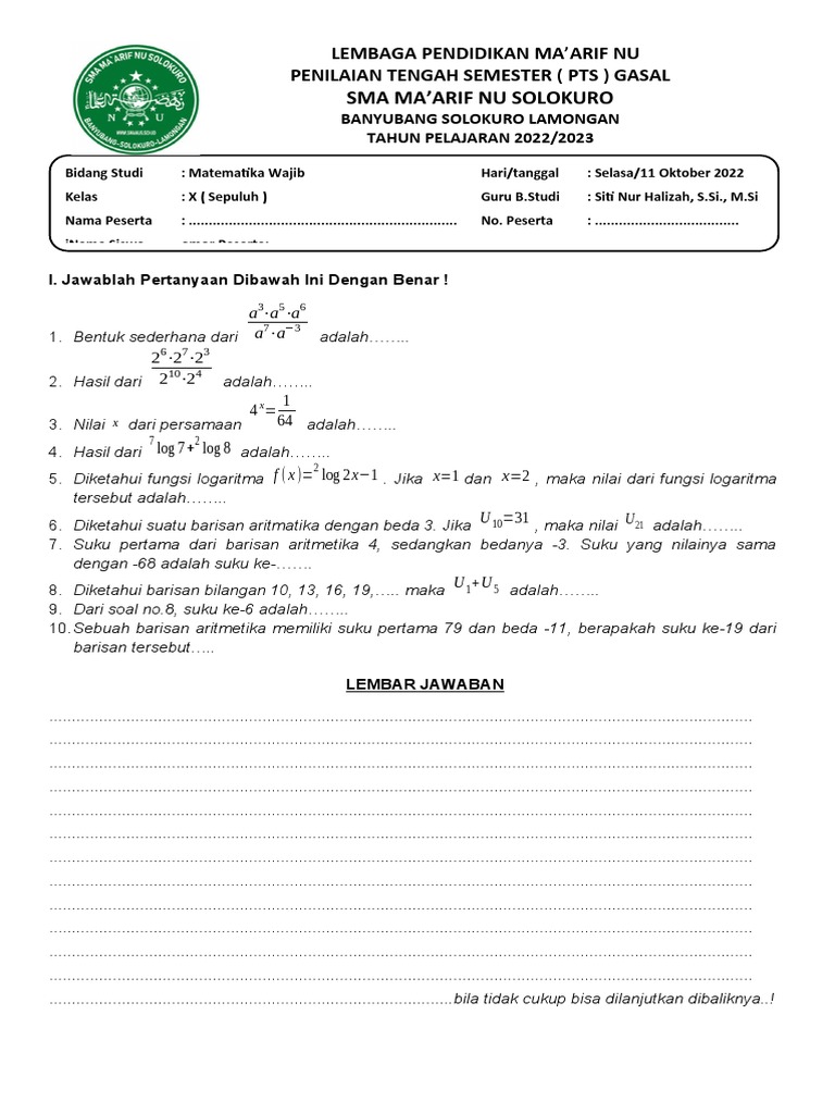 SOAL PTS MTK Wajib KELAS 10 11 DAN 12 2022&2023 | PDF | Metode & Bahan Ajar