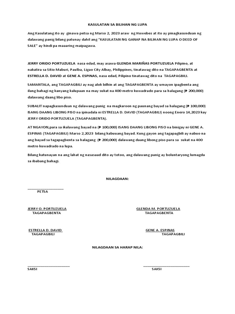 Kasulatan Sa Bilihan NG Lupa | PDF