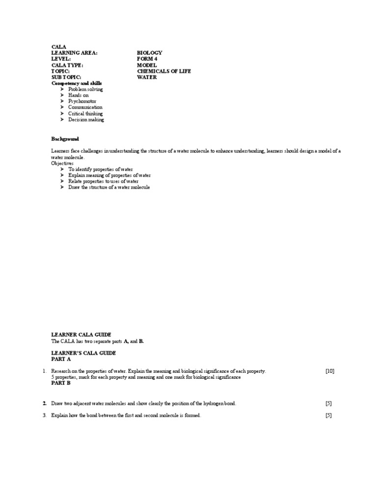 Cala Learning Area: Biology Level: Form 4 Cala Type: Model Topic ...