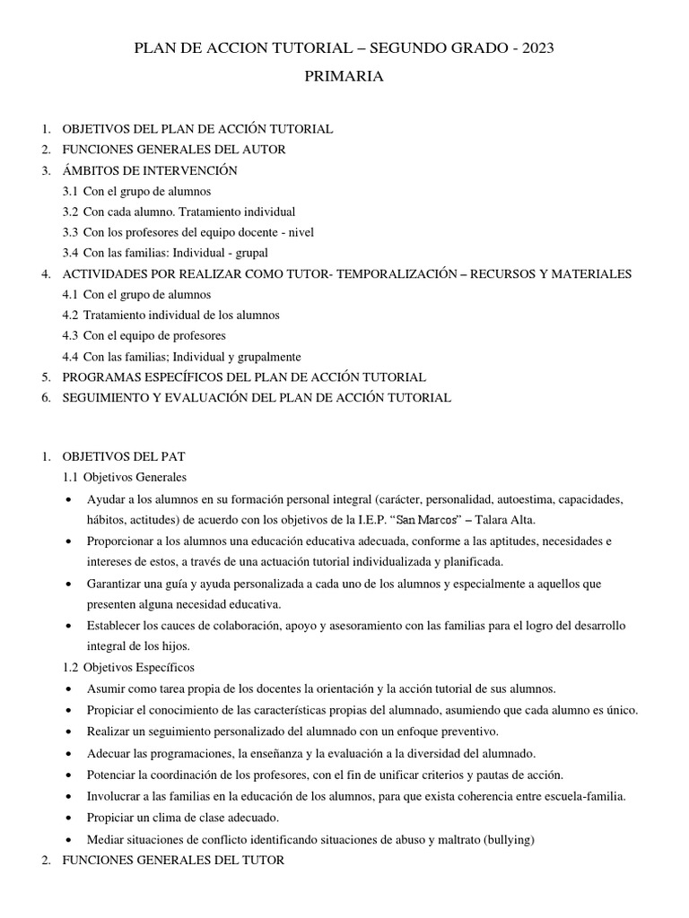 PLAN TUTORIAL 2do Grado - 2023 | PDF | Evaluación | Salón de clases